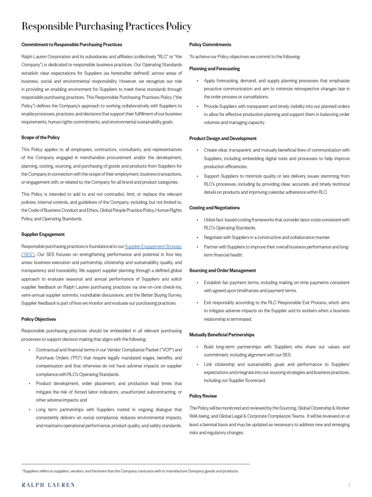 RL Responsible Purchasing Practices Policy | PDF | Supply Chain | Employment