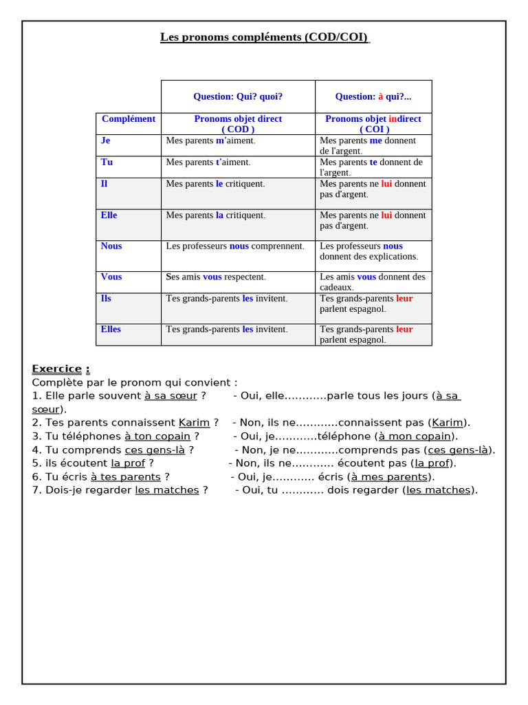 03 Les Pronoms Compléments COD COI | PDF