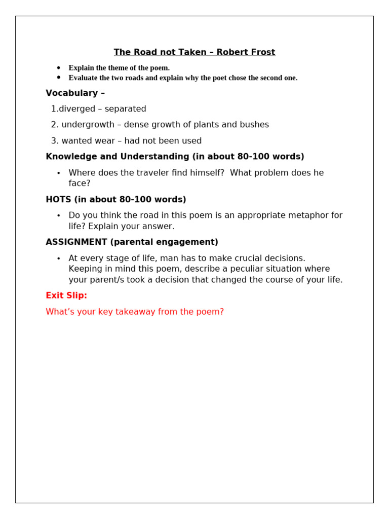 Analysis of "The Road Not Taken" | PDF