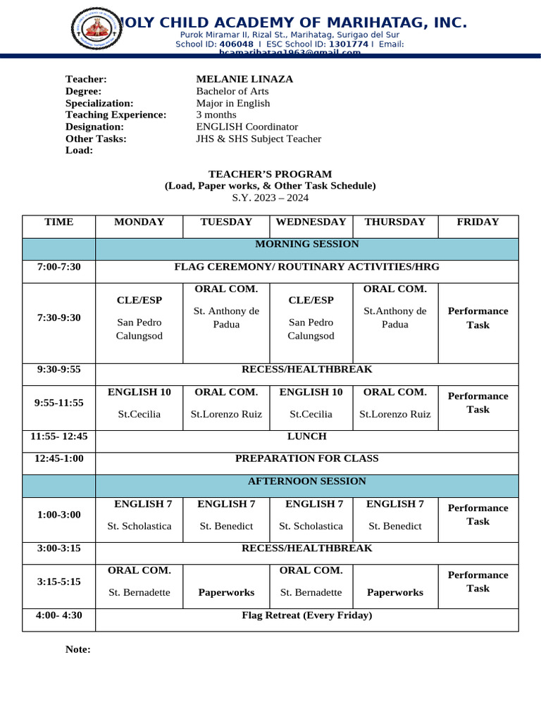 TR.-MELANIE-CLASS-PROGRAM 1st SEM. Y.2023-2024 | PDF