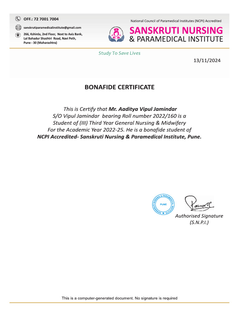 Bonafied Certificate Aditya (2) | PDF