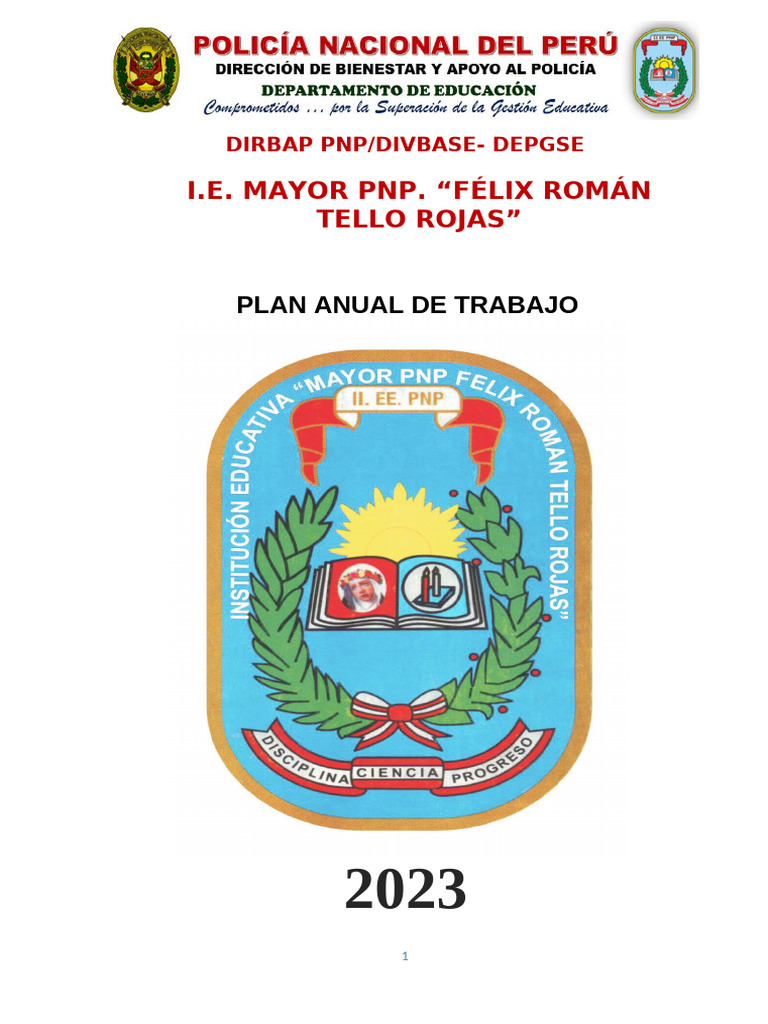 Plan Anual de Trabajo 2023 - I.E. PNP Félix Román Tello Rojas | PDF | Maestros | Enseñando