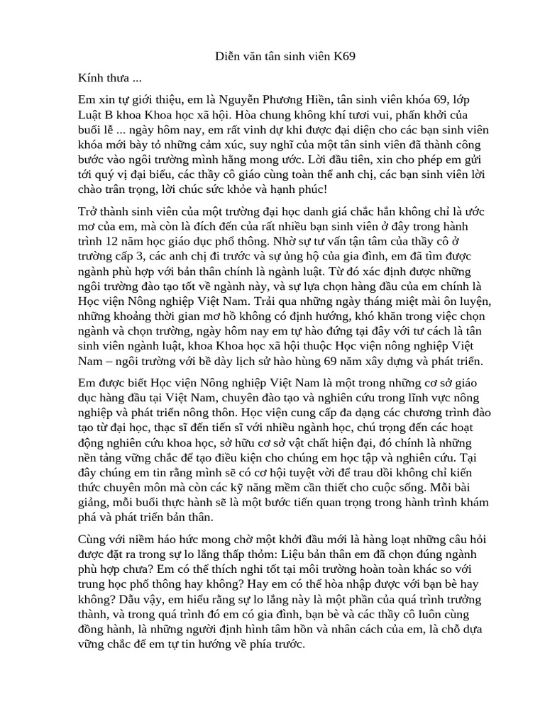 Phương Hiền - Phát Biểu Chào Tân K69 KHXH | PDF