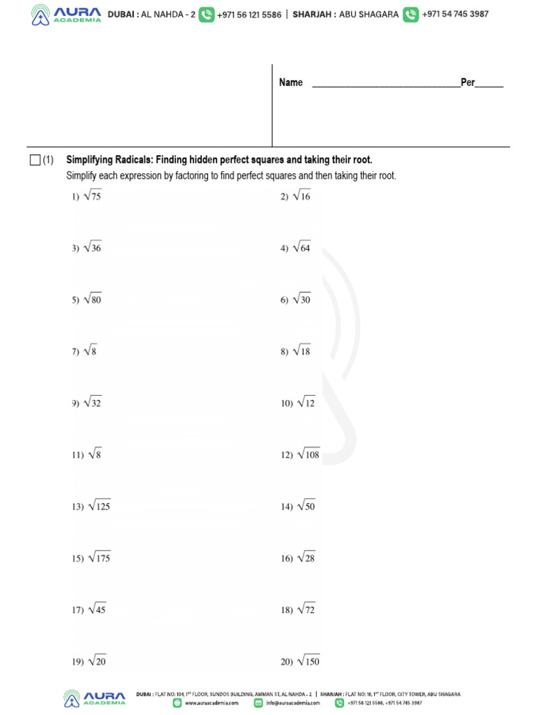 Simplifying Radicals: Answer Key 7.1 | PDF