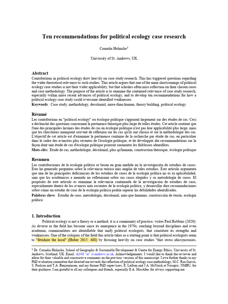 Helmcke 2022 JoPE Reccomendations Political Ecology Case Research CC ...