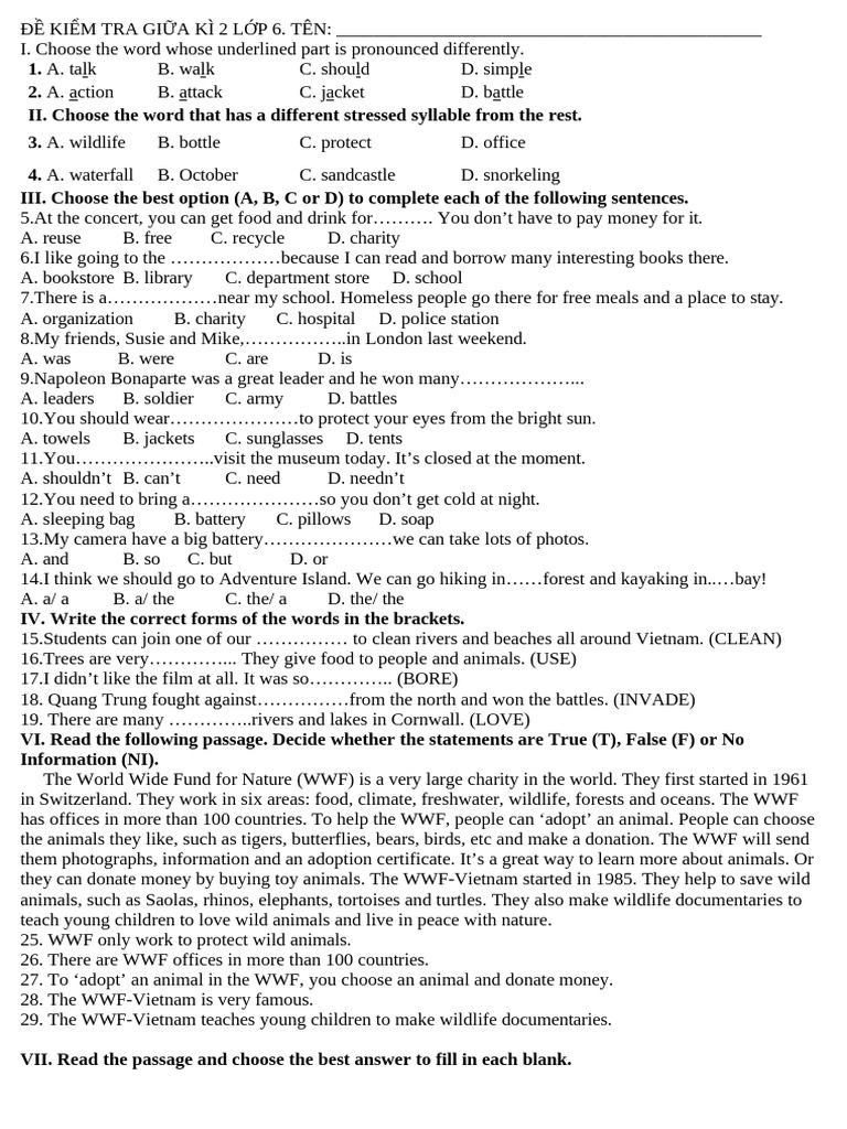 đề thi giữa kì 2 tiếng anh 6 | PDF