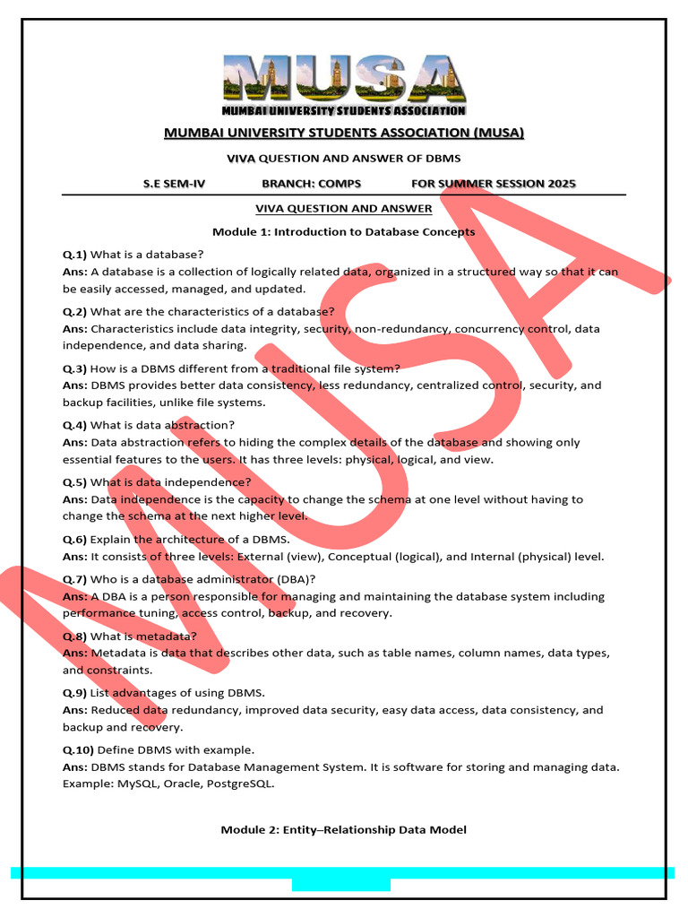 DBMS Viva Q&a | PDF | Relational Model | Sql