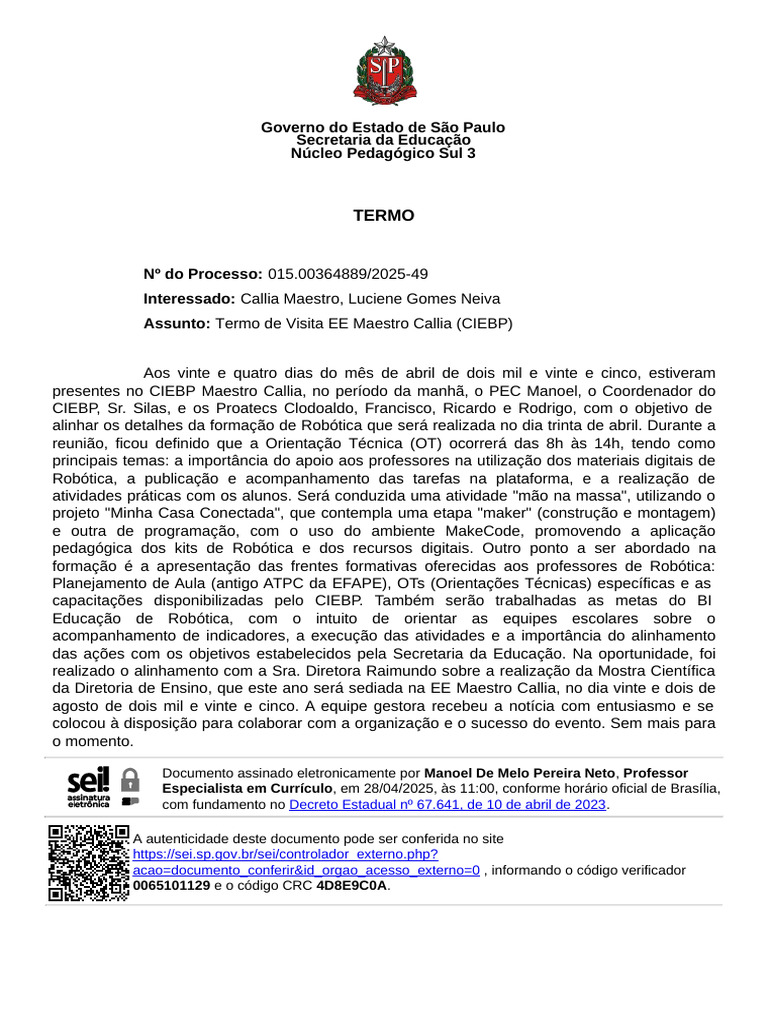 Termo de Visita CIEBP 24-4-25 PEC Manoel | PDF | Pedagogia