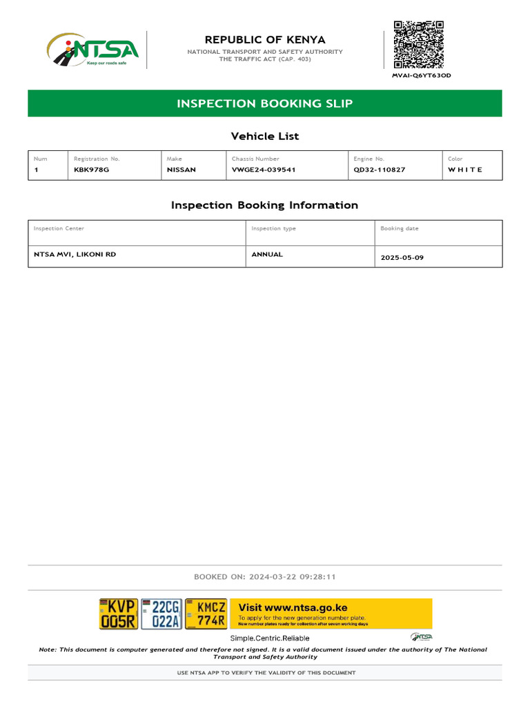 NTSA MVI Inspection Booking - Likoni Road | PDF