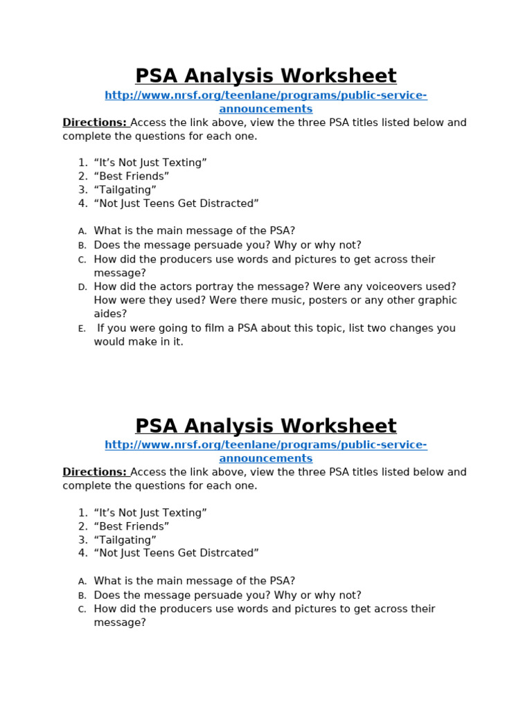 PSA Analysis Worksheet | PDF