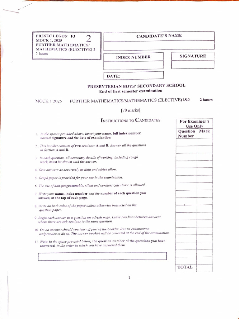 Presec-Legon 1st Mock 2025-Elective Mathematics | PDF | Mathematics