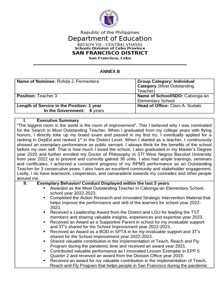 Most Outstanding Teacher Nomination 2023 | PDF | Learning