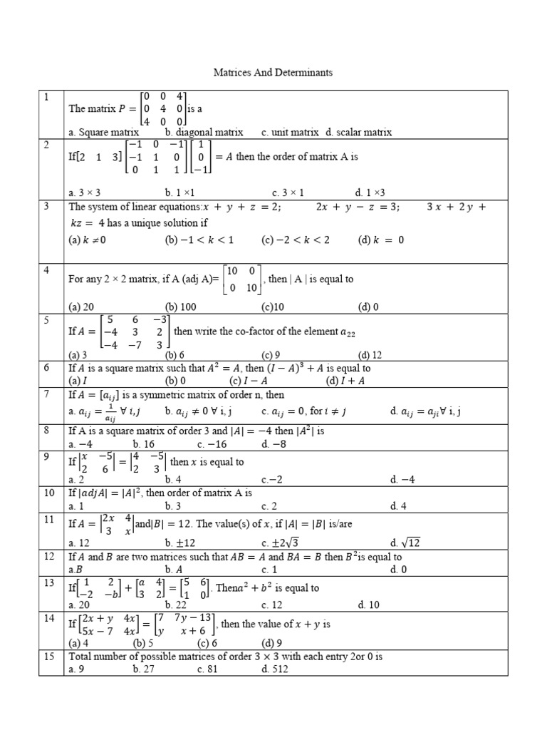 XII Matrices and Determinant | PDF | Matrix (Mathematics) | Determinant