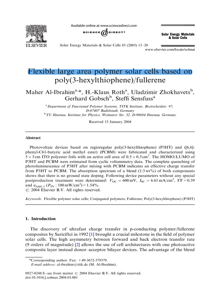Solar Cels Based On P3ht-Fullerene | PDF | Electricity | Materials