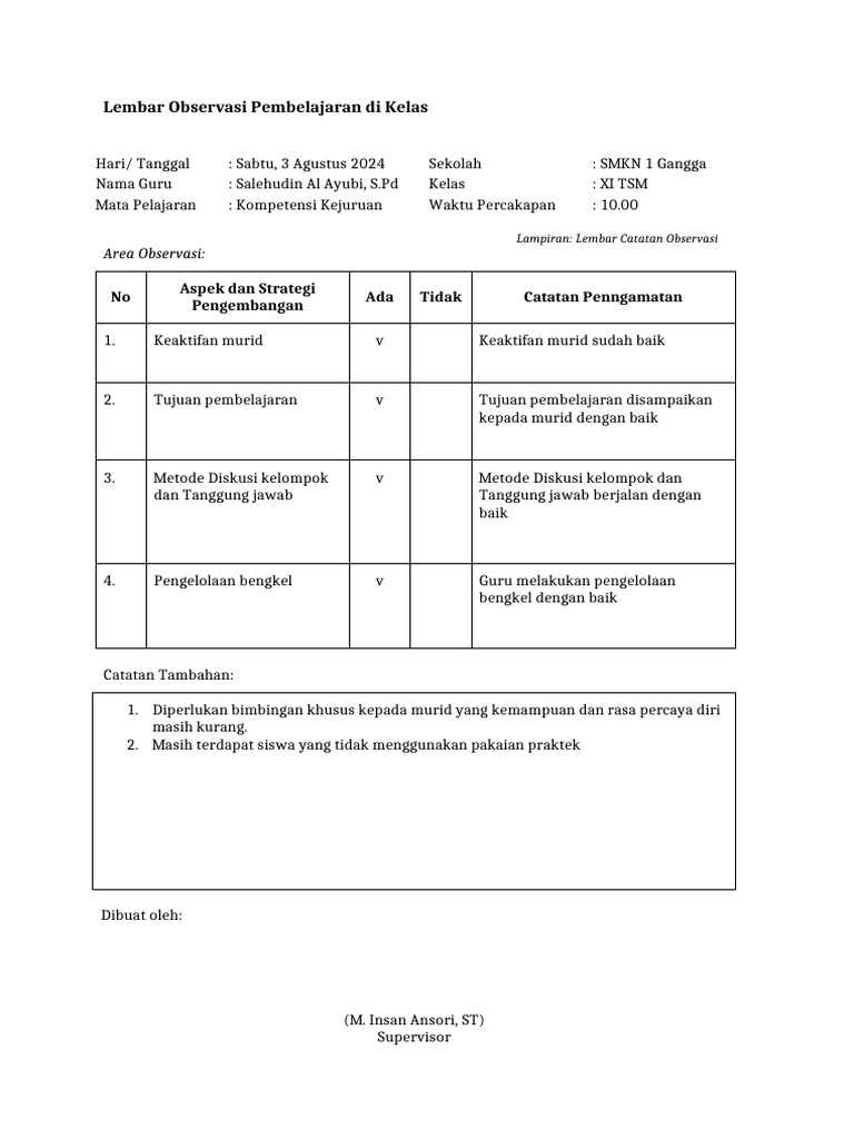 2_Lembar Observasi Pembelajaran di Kelas | PDF
