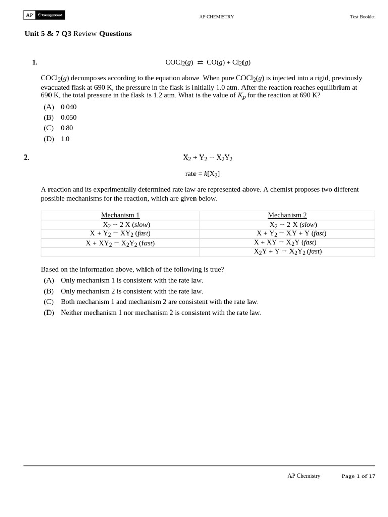AP Chemistry Unit 5 & 7 Q3 Review | PDF | Reaction Rate | Chemical ...