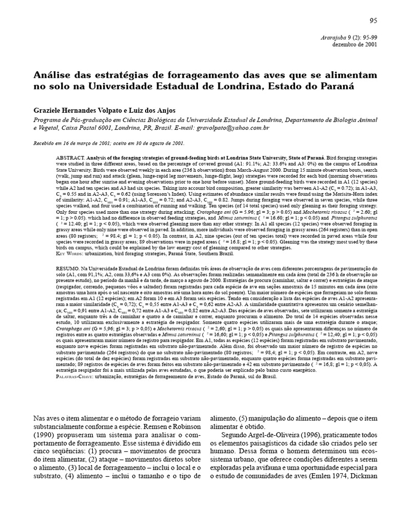 Análise Das Estratégias de Forrageamento de Aves Que Se Alimentam No ...