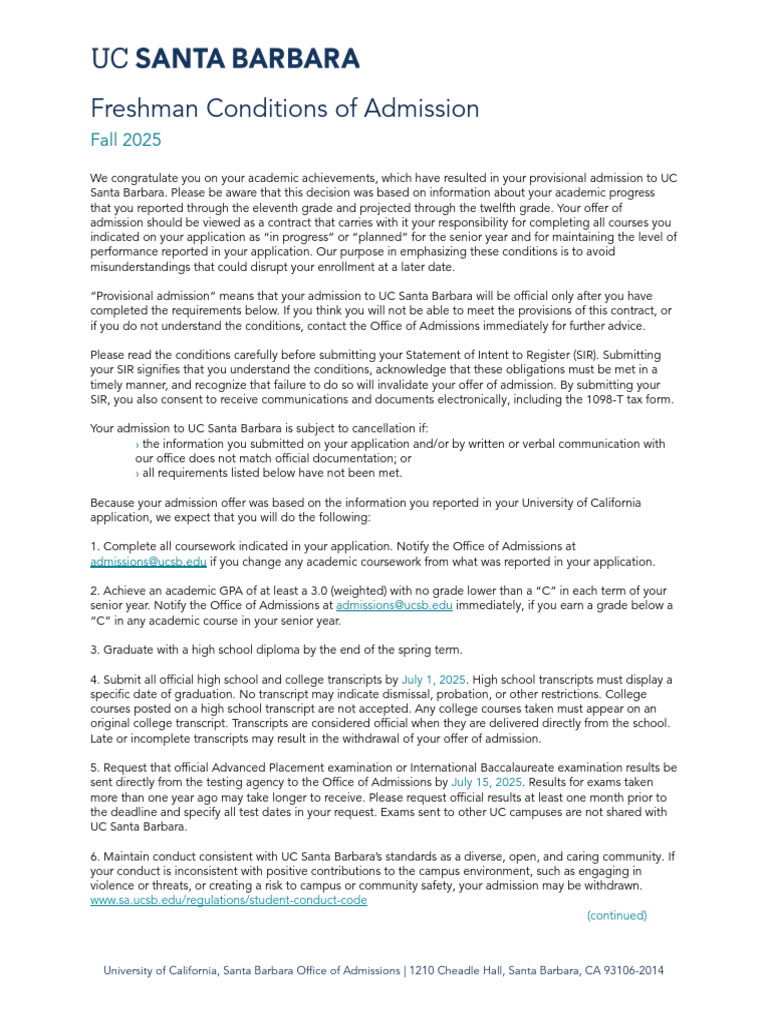 UCSB FreshmanConditionsF25 | PDF | University And College Admission ...