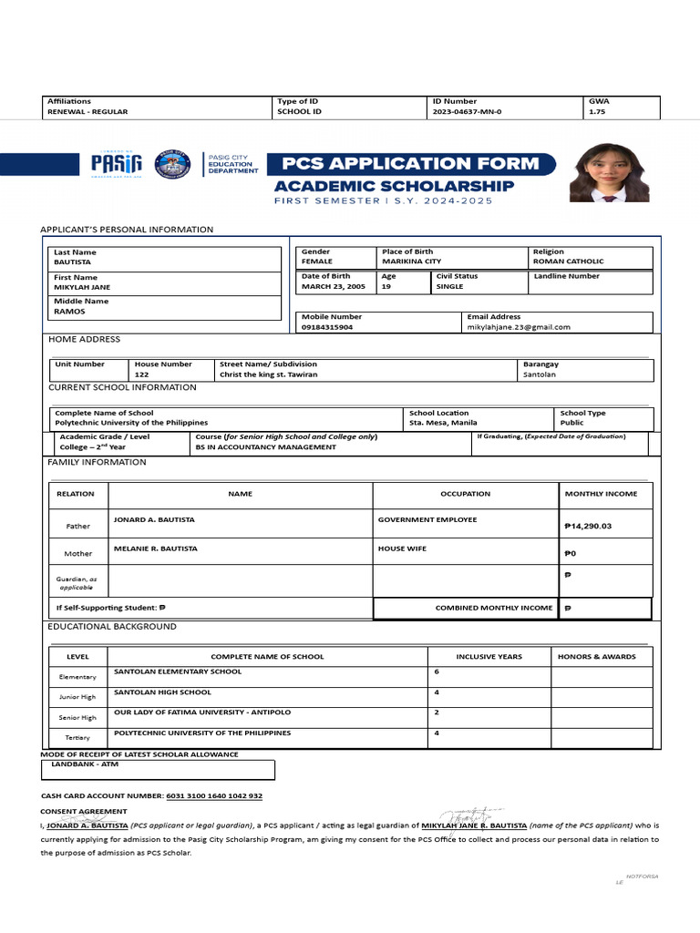 Mikylah Jane Bautista's Scholarship Application | PDF