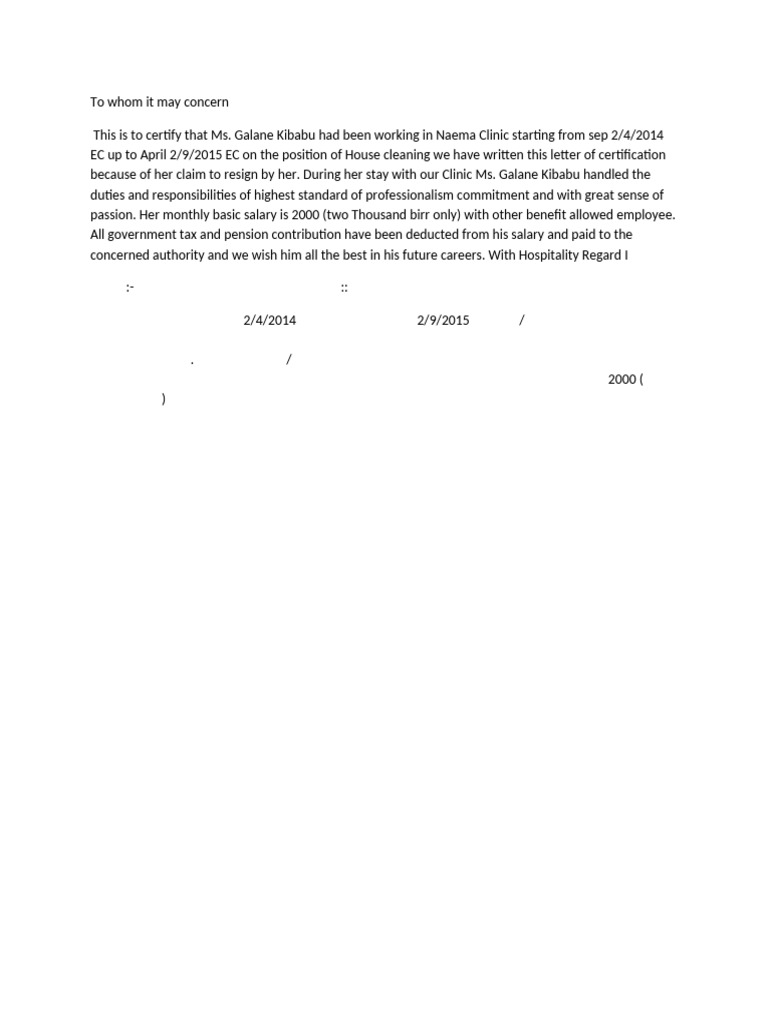 Employment Certification for Galane Kibabu | PDF