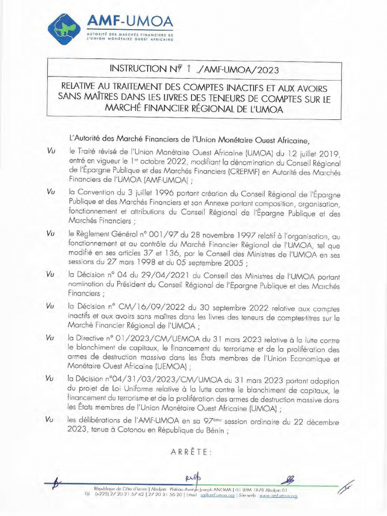 Instruction N°71 - AMF-UMOA - 2023 | PDF
