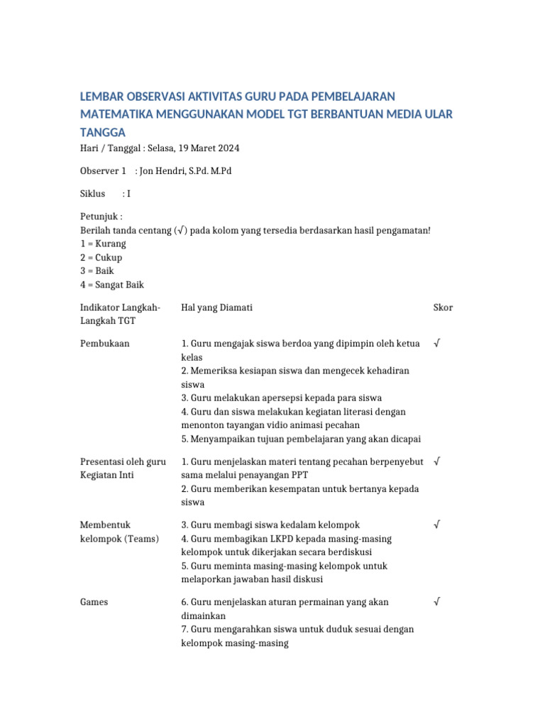 Lembar Observasi Guru Format Tabel | PDF