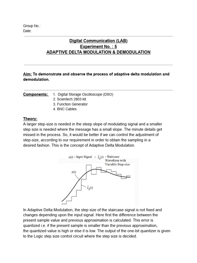Experiment 5 - Adaptive Delta Modulation | PDF | Sampling (Signal ...