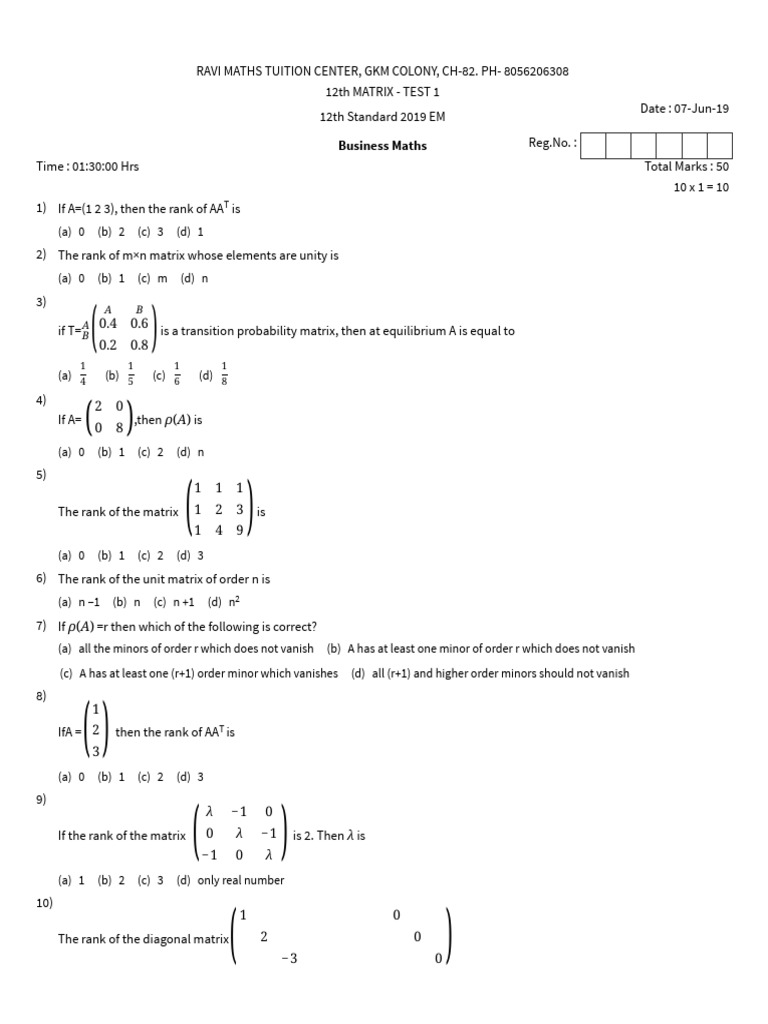 Namma Kalvi 12th BM Chapter 1 Question Papers 215803 | PDF | Matrix Theory | Mathematical Objects