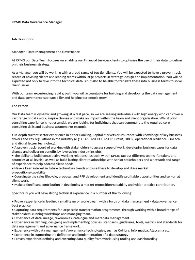 KPMG Data Governance Manager | PDF | Governance | Recruitment