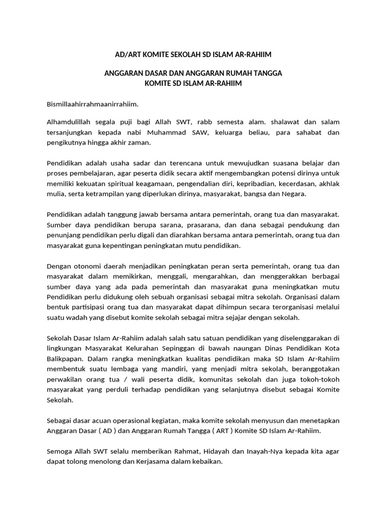 AD/ART Komite Sekolah SD Islam Ar-Rahiim | PDF