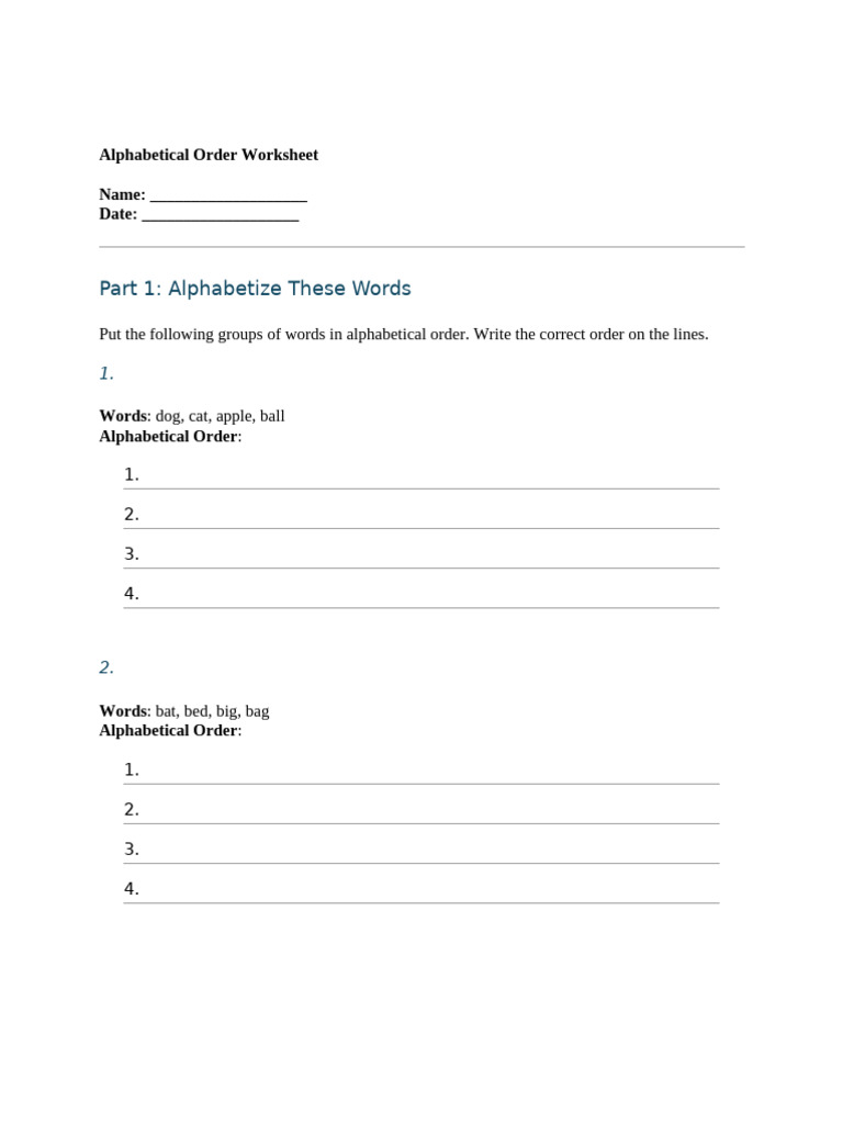 Part 1: Alphabetize These Words: Alphabetical Order Worksheet Name ...