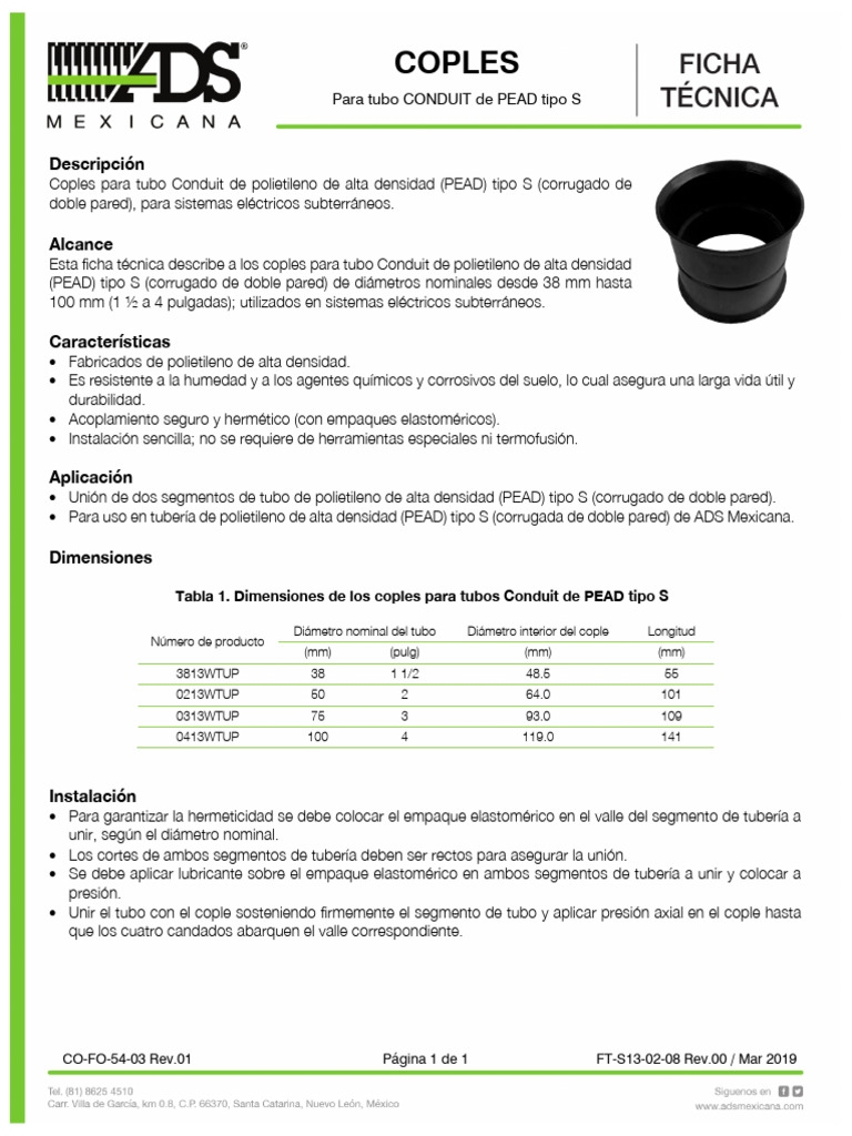 Cople para Tubo CONDUIT de PEAD Tipo S | PDF | Ingeniería mecánica | Materiales