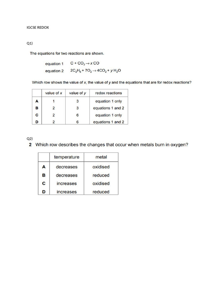 Igcse Chemical Reactions Test2 | PDF