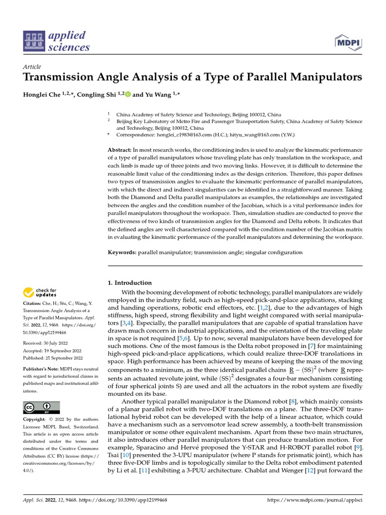 Transmission Angle Analysis of A Type of Parallel Manipulators | PDF ...