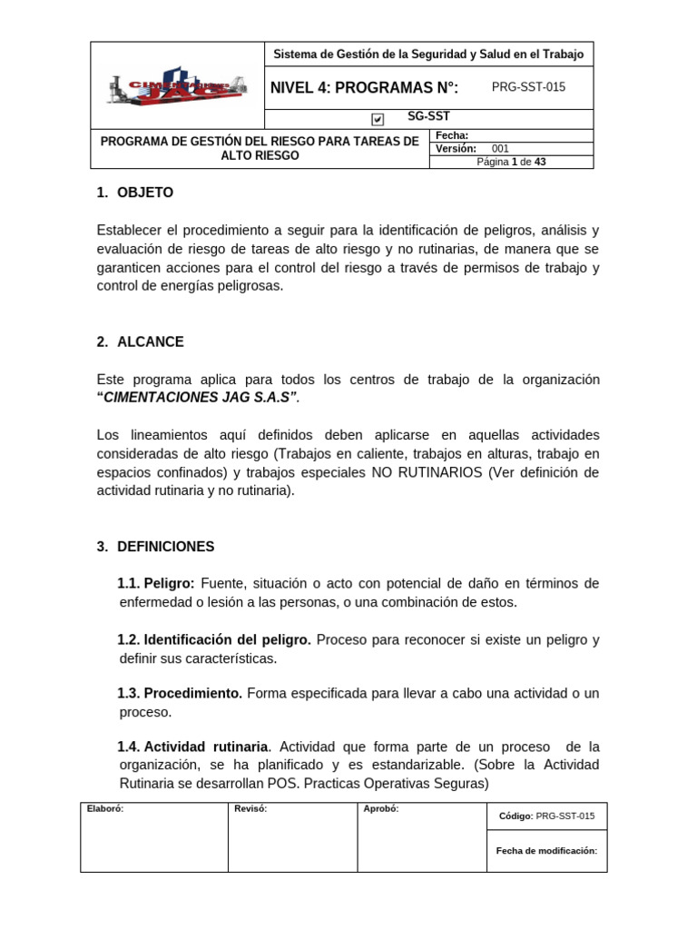 PRG-SST-015 Programa de Gestión Del Riesgo para Tareas de Alto Riesgo | PDF | Cambiar ...