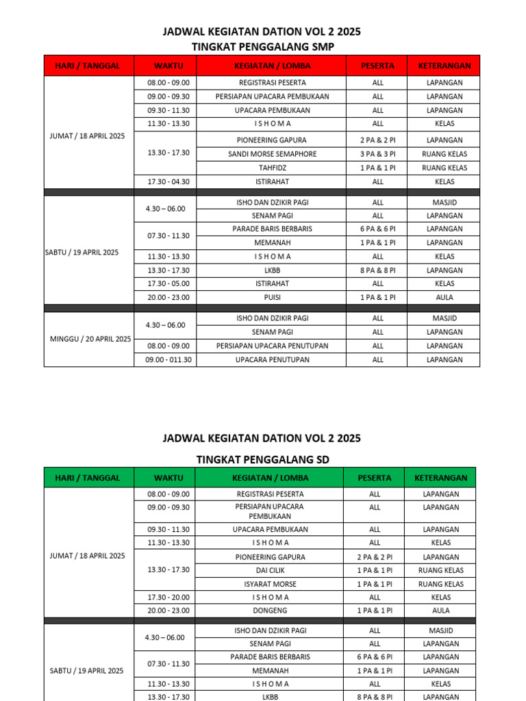 Jadwal Kegiatan Dation Vol 2 | PDF