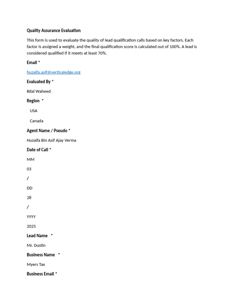 Quality Assurance Evaluation Form 2 | PDF