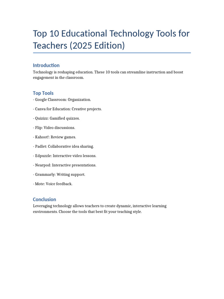 Top 10 Educational Technology Tools For Teachers 2025 Edition | PDF