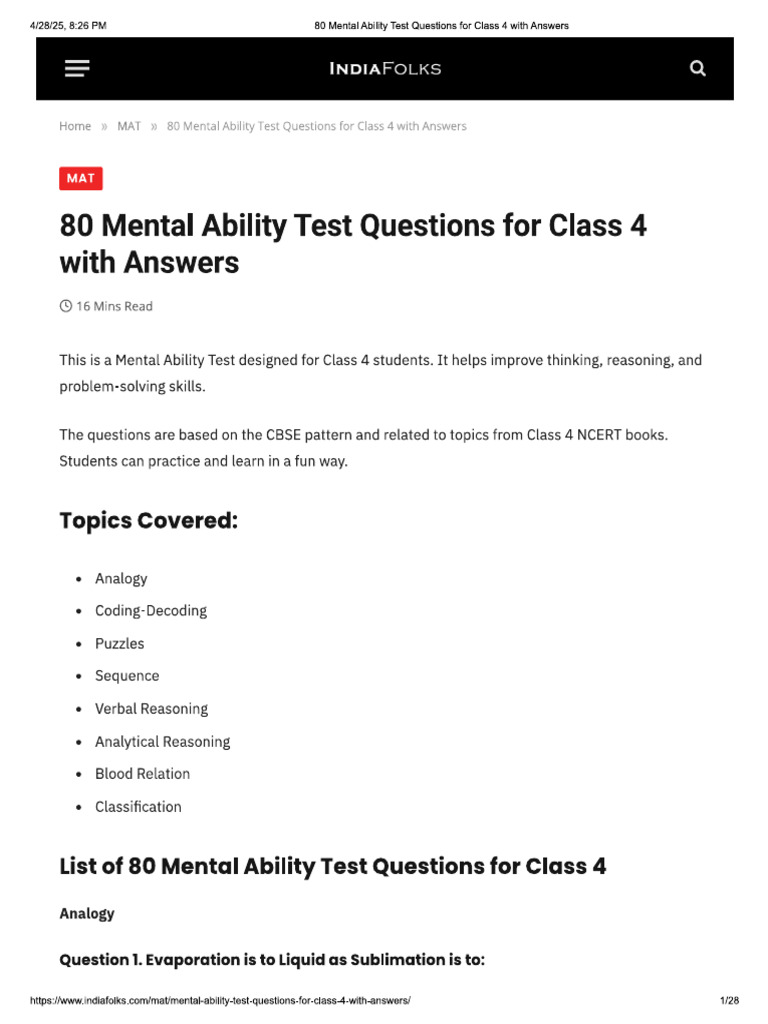 Class 4 Mental Ability | PDF