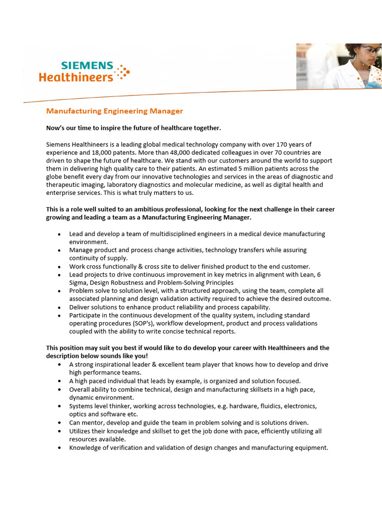 Manufacturing Engineering Manager Role | PDF | Engineering | Mechanical ...