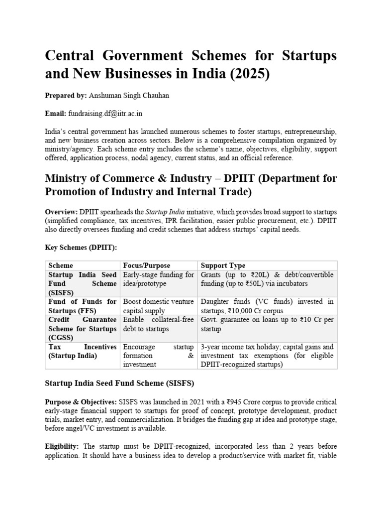 Central Government Schemes for Startups and New Businesses | PDF ...