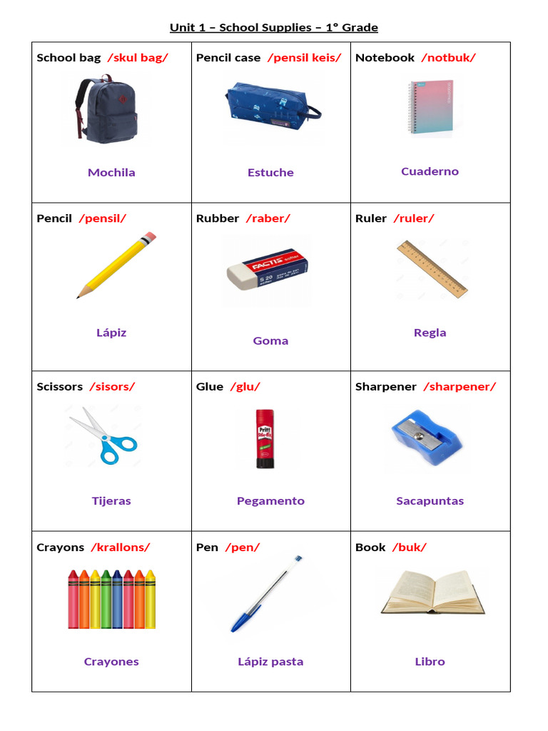 1st Grade School Supplies Vocabulary | PDF