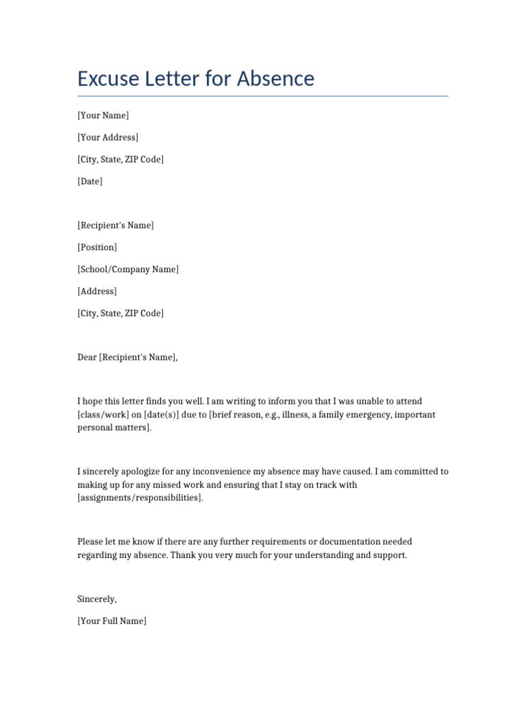 Sample Excuse Letter for Absence | PDF