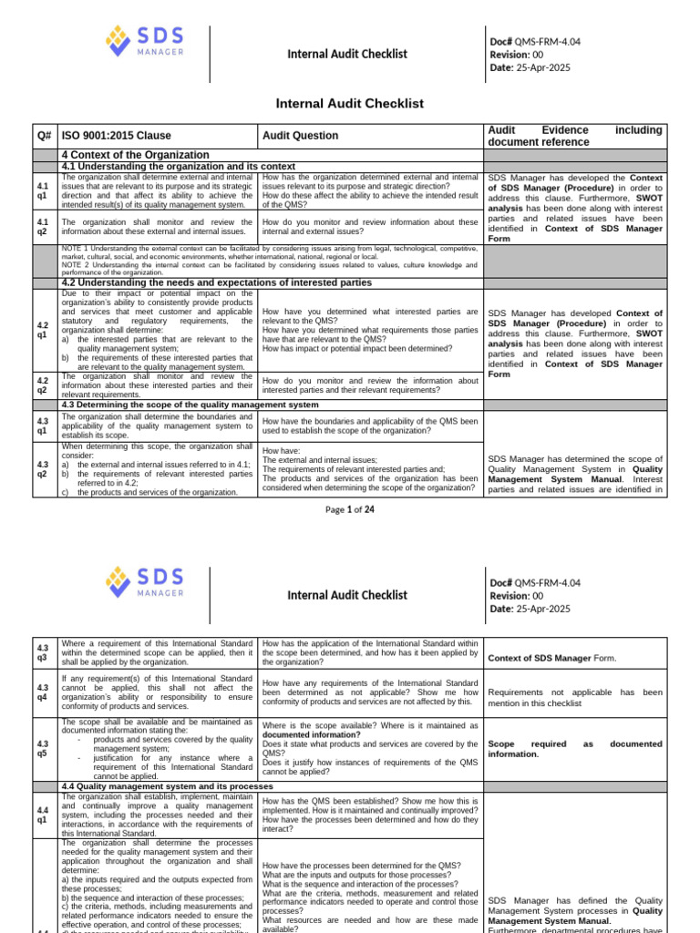 ISO 9001:2015 Internal Audit Checklist | PDF | Quality Management ...