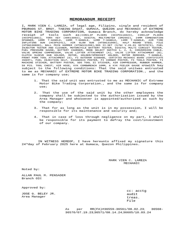 MEMORANDUM RECEIPT FOR TOOLS (Gumaca) | PDF | Mechanical Engineering ...