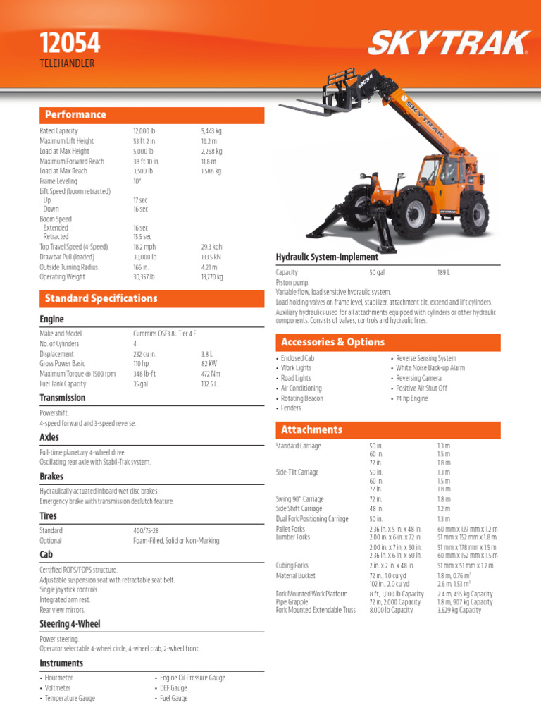 SkyTrak 12054 Telehandler Spec Sheet | PDF | Horsepower | Car