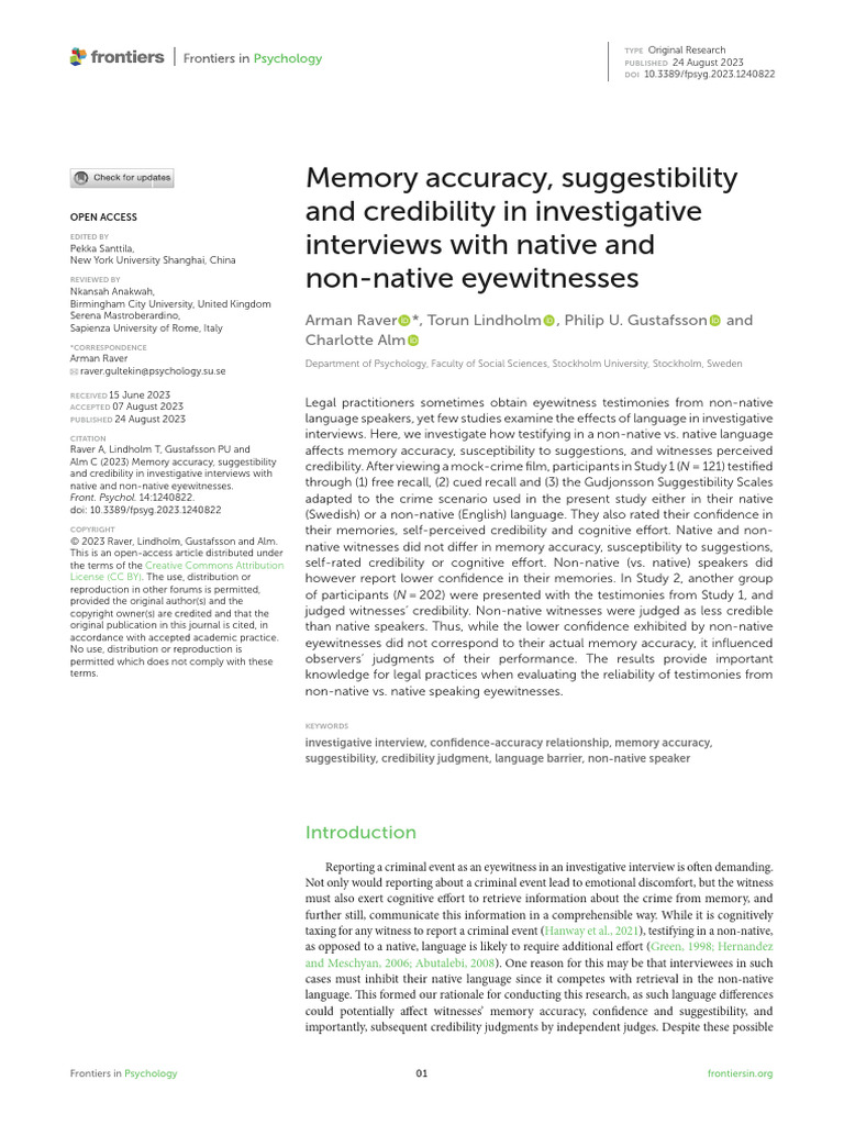 Memory Accuracy, Suggestibility and Credibility in Investigative ...