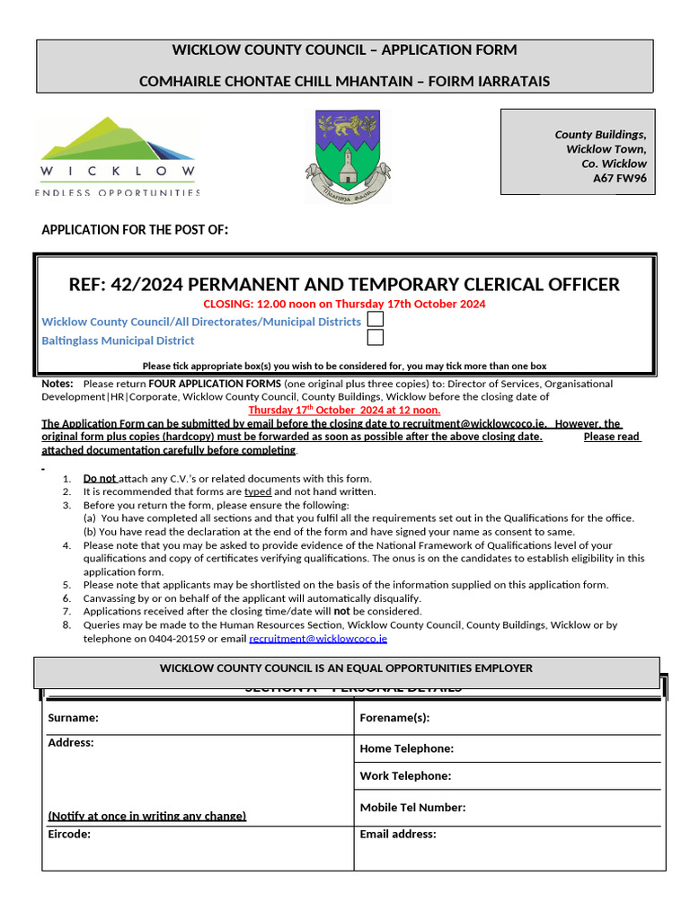 42.2024 Temporary and Permanent Clerical Officer Application Form | PDF