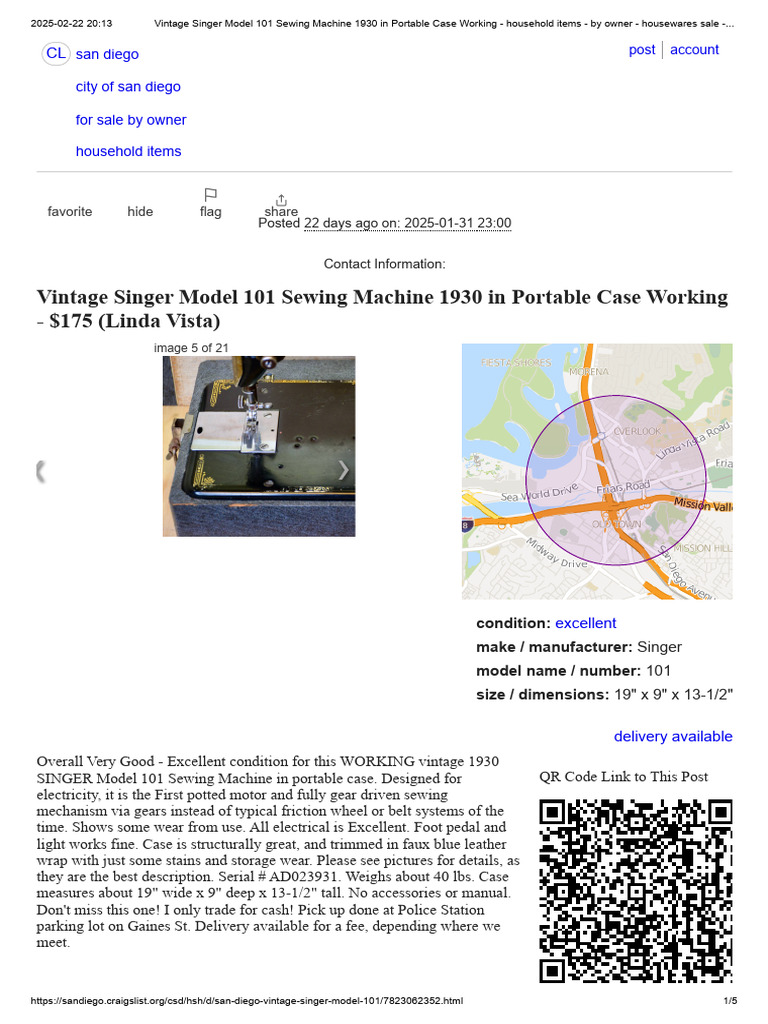 Singer Model 101 Sewing Machine 1930 in Portable Case Working ...