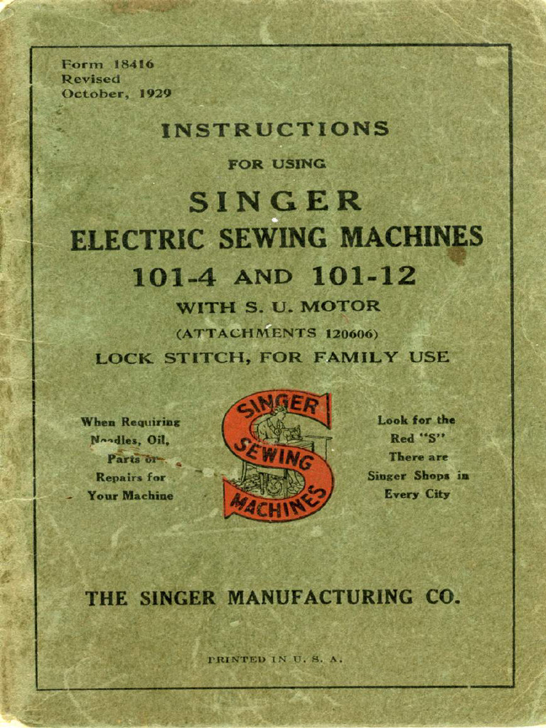 Singer Model 101-4-101-12 Sewing Machine Manual 1929 Color | PDF ...